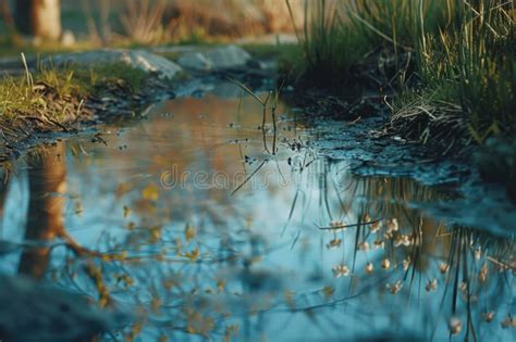 A Small Puddle Of Water Surrounded By Lush Green Grass And Towering