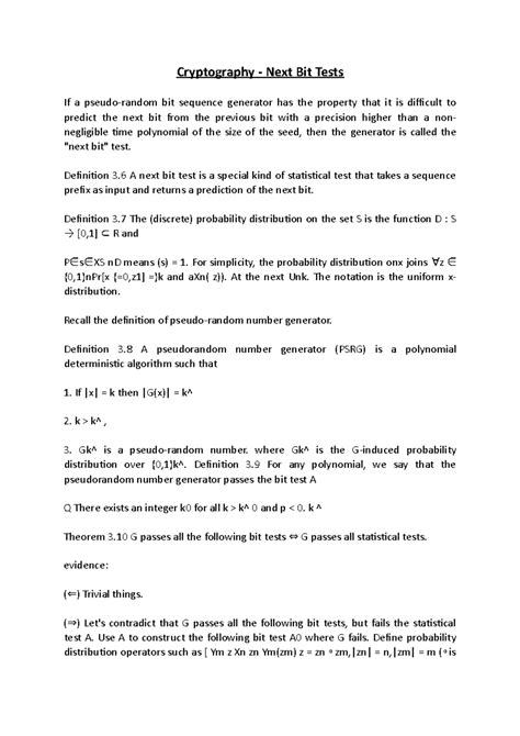 Cryptography Next Bit Tests Definition 3 A Next Bit Test Is A