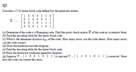 Solved 10 Q2 Consider A 74 Linear Block Code Defined By