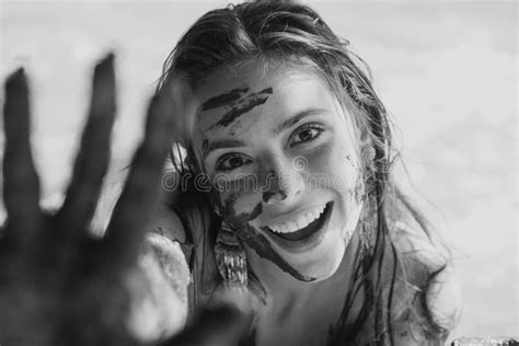 Womans Face And Hands Covered In Mud Mud Healthy Scrub Stock Image