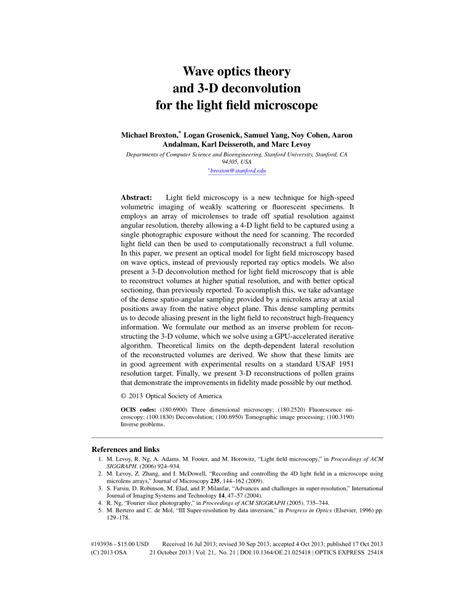 Pdf Wave Optics Theory And 3 D Deconvolution For The Light Field