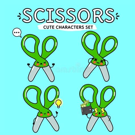 Funny Cute Happy Scissors Characters Bundle Set Vector Hand Drawn Doodle Style Cartoon