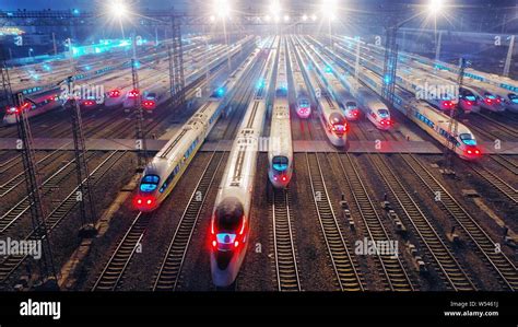 Aerial View Of Crh China Railway High Speed Bullet Trains In Full