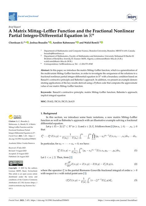 Pdf A Matrix Mittag Leffler Function And The Fractional Nonlinear Partial Integro Differential