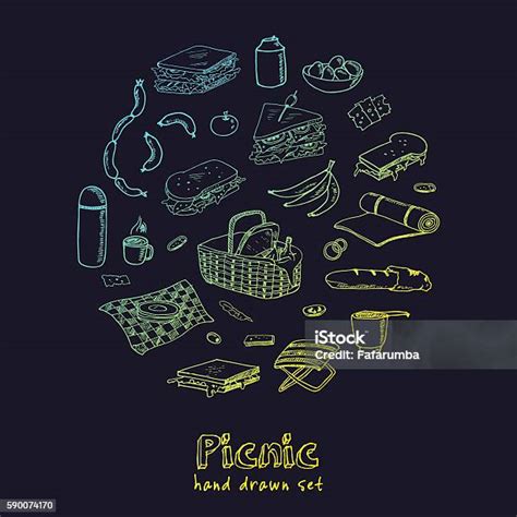 여름 피크닉 낙서 세트 다양한 식사 음료 물건 스포츠 활동 소풍 바구니에 대한 스톡 벡터 아트 및 기타 이미지 소풍 바구니