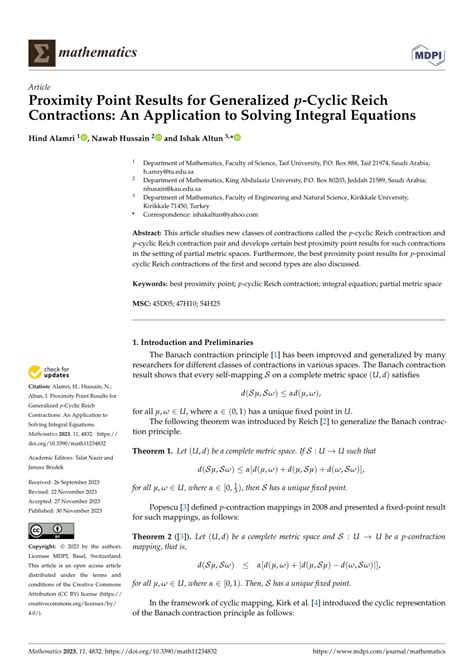 Pdf Proximity Point Results For Generalized P Cyclic Reich Contractions An Application To