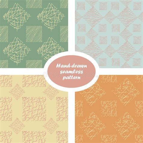 A Hand Drawn Abstract Seamless Pattern Of Curved Lines And Dots Set Stock Illustration