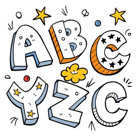 Cartoon Alphabet Letters A B C Y And Z With Stars A Red Dot And A Yellow Cloud Premium Ai
