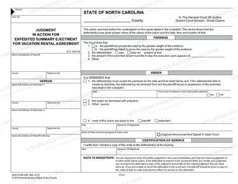 North Carolina Judgment In Action For Expedited Summary Ejectment For