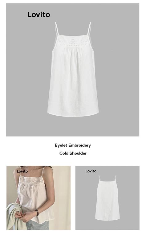 Lovito Casual Plain Eyelet Embroidery Cold Shoulder Fabric Stitching Cami Top For Women Lna40027