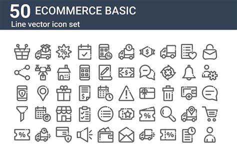 50 전자 상거래 기본 아이콘의 집합입니다 사용자 할인 필터 모바일 보안 공유 배달 트럭과 같은 얇은 라인 아이콘개요 0명에 대한 스톡 벡터 아트 및 기타 이미지 Istock