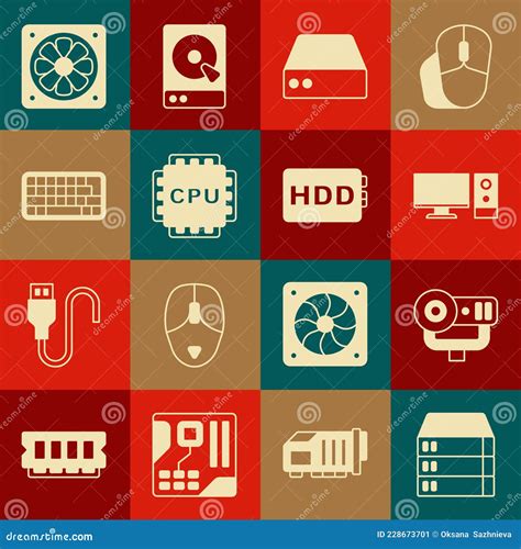 Set Server Data Web Hosting Camera Computer Monitor Processor With Cpu Keyboard Cooler