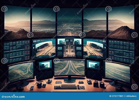 Surveillance Room With Multiple Monitors Showing Different Views Of The Same Location Stock