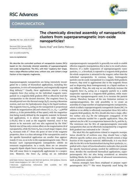 Pdf The Chemically Directed Assembly Of Nanoparticle Clusters From Superparamagnetic Iron