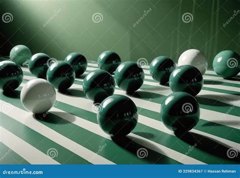 Black And White Spheres On A Striped Surface With Dramatic Lighting Stock Illustration