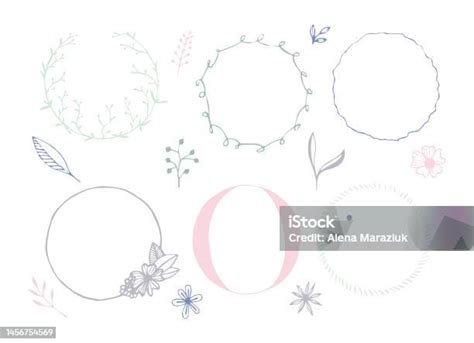 여러 가지 빛깔의 식물 원형 프레임 손으로 그린 둥근 선 테두리 나뭇잎과 꽃 청첩장과 카드 로고 디자인 및 포스터 템플릿 우아한 벡터 일러스트 레이 션 0명에 대한 스톡