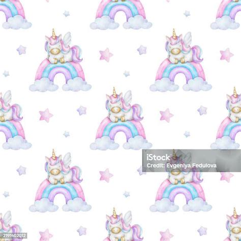 무지개 별 구름에 잠자는 유니콘 수채화 보육 완벽 한 표면 패턴 디자인 어린이 용품 옷 섬유 포장지 베이비 샤워 어린이 방을위한 귀여운 아기 배경 0명에 대한 스톡 벡터