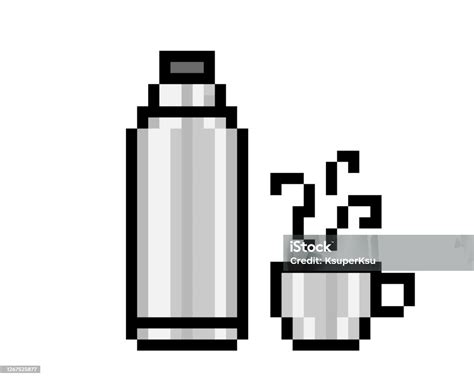 흰색 배경에 고립 된 핫 드링크 픽셀 아트 아이콘 한 잔의 금속 진공 플라스크 여행 음료 용기 기호 8 비트 오래된 학교 빈티지 복고풍 슬롯 머신 비디오 게임 그래픽 벡터에