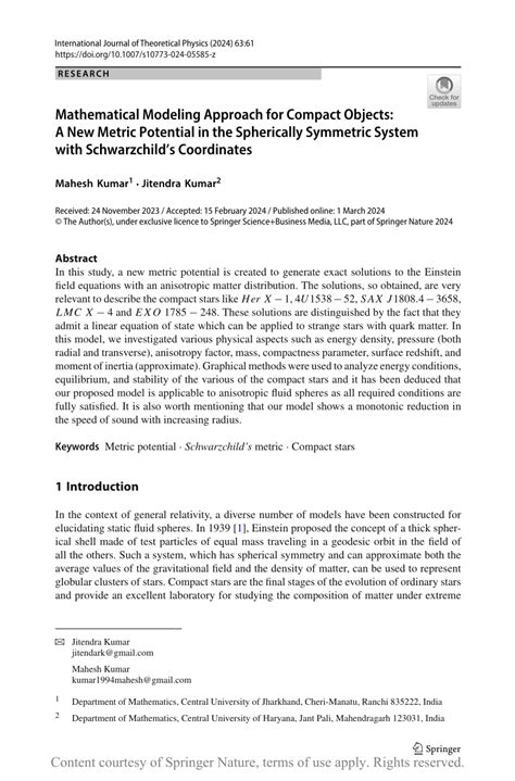 Mathematical Modeling Approach For Compact Objects A New Metric Potential In The Spherically
