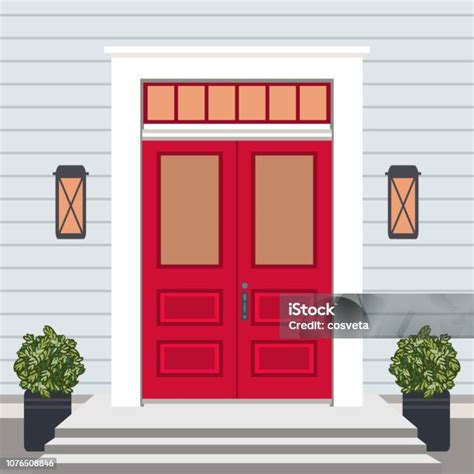 집 문 앞 문앞에 단계 창 램프 꽃 건물 평면 스타일에서 외부 입구 디자인 일러스트 벡터 항목 외관 0명에 대한 스톡 벡터 아트 및 기타 이미지 Istock