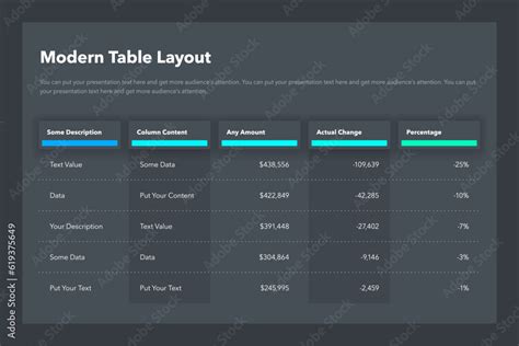 Modern Table Layout Template With A Five Colorful Columns Dark