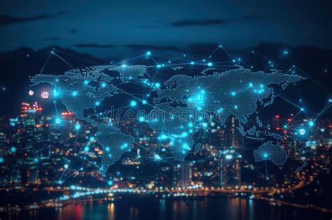 Digital World Map With Glowing Global Connections Over A Vibrant City