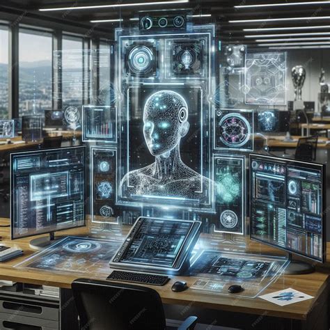 Futuristic Workstation With Floating Screens And Ai Assistant Realtime Data Analysis And