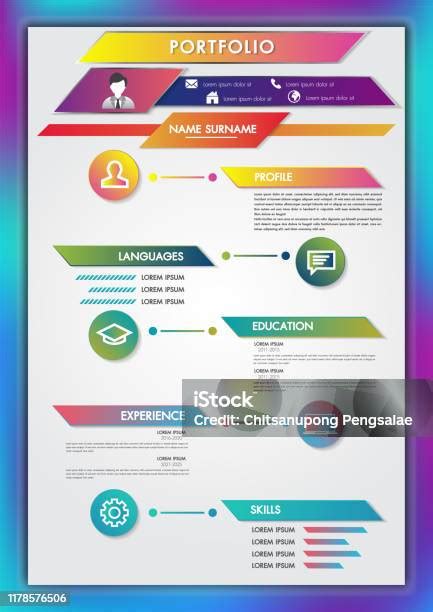 포트폴리오 이력서 인포 그래픽 프로필 비즈니스 프리젠 테이션 및 프로젝트에 대한 아이콘 사용자 인터페이스 키트와 템플릿 현대 디자인을 다시 시작합니다 벡터 일러스트레이터 0