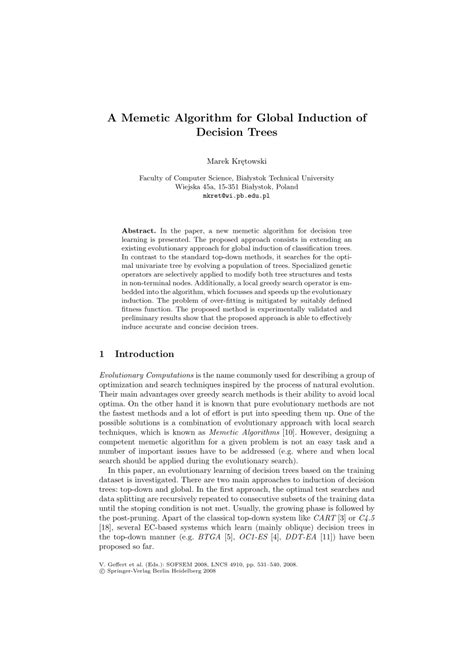 Pdf A Memetic Algorithm For Global Induction Of Decision Trees