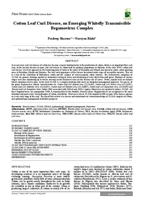 Pdf Molecular Cloning Of Coat Protein Gene Of An Indian Cotton Leaf Curl Virus Clcuv Hs2