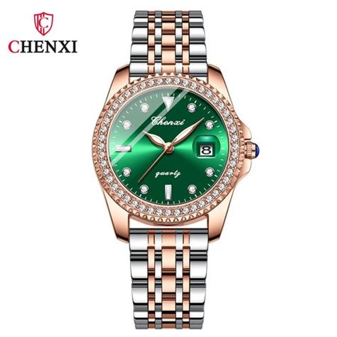 Chenxi Women Luxury Watch Stainless Steel Rhinestone Green Office