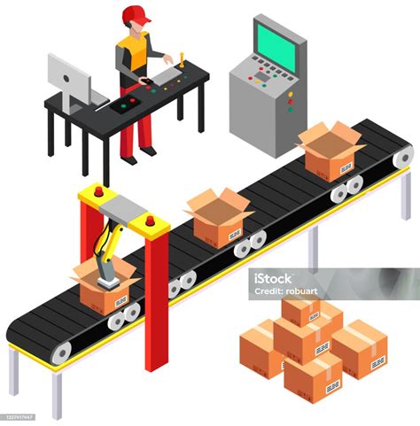 기계식 팔은 구획과 컨베이어에 배치됩니다 개방형 상자가 있는 자동 조립 라인 등측투영법에 대한 스톡 벡터 아트 및 기타 이미지 등측투영법 제조 3차원 형태 Istock