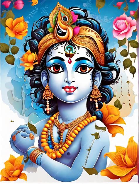 힌디어 캘리그라피 포스터 카드와 함께 인도의 잔마슈타미 축제에서 행복한 잔마슈타미 크리슈나 신 프리미엄 Ai 생성 이미지