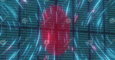 Image Of Biometric Fingerprint Scanner And Spinning Light Trails Against Binary Coding Stock