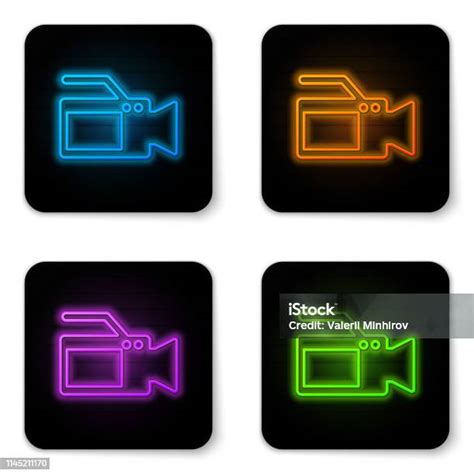빛나는 네온 시네마 카메라 아이콘 흰색 배경에 고립 비디오 카메라 영화 기호입니다 필름 프로젝터 검은색 사각형 단추입니다 벡터 일러스트 0명에 대한 스톡 벡터 아트 및 기타