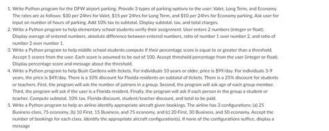 Solved Write Python Program For The Dfw Airport Parking Provide