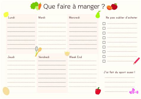 Planning Des Menus Pour La Semaine Gratuit à Imprimer Plannings Pdf Vierges Au Format A4