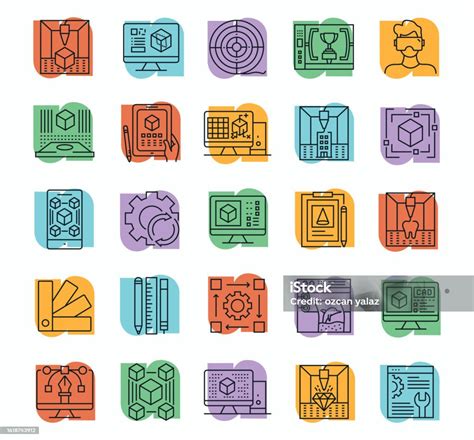 3d 프린팅 및 기술 얇은 선 벡터 아이콘 세트입니다 디자인은 편집 가능하며 색상을 변경할 수 있습니다 창의력 아이콘의 벡터 세트 3d 프린터 플라멘트 수정 창의성