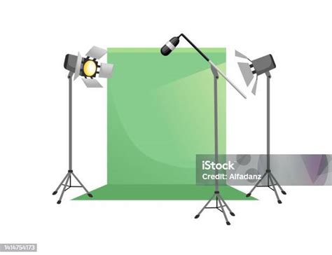 비디오 또는 영화 제작 영화 촬영 장면 개념 그린 스크린 및 전문 도구 마이크 및 프로젝터 벡터 일러스트 레이 션 흰색 배경 감독에 대한 스톡 벡터 아트 및 기타 이미지