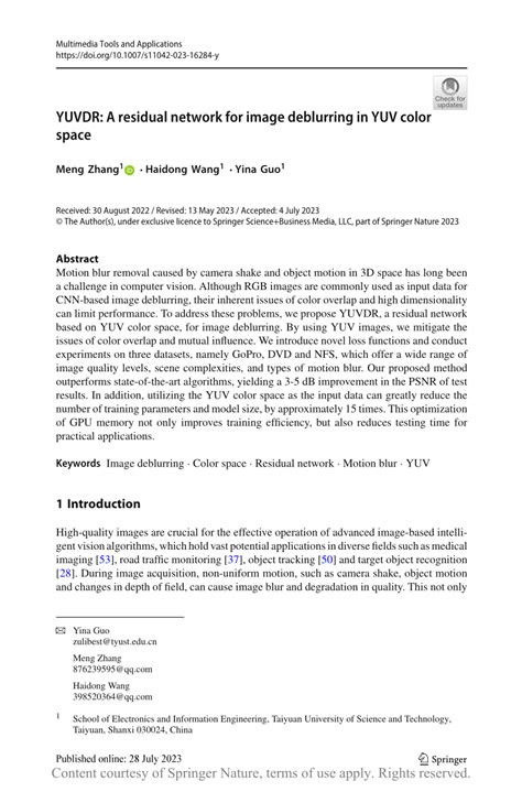Yuvdr A Residual Network For Image Deblurring In Yuv Color Space