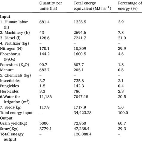 Energy Equivalent Of Inputs And Output In Rice Production Download