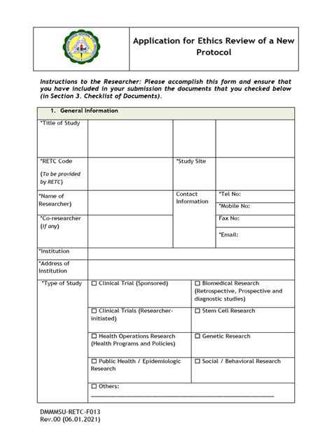 Dmmmsu Retc F013 Application For Ethics Review Of A New Protocol Pdf Clinical Trial Health