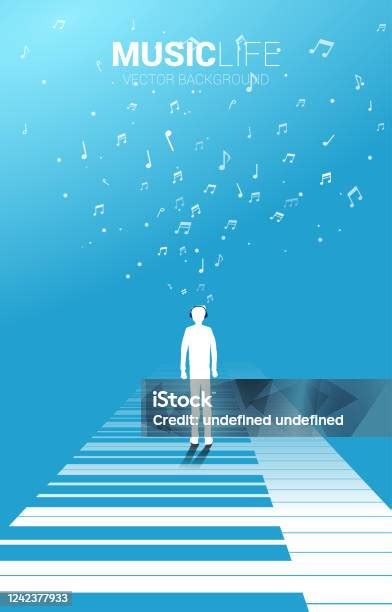 플라잉 뮤직 노트와 피아노 키와 함께 서 남자의 벡터 실루엣 구도에 대한 스톡 벡터 아트 및 기타 이미지 구도 근육질 체격 노래 Istock