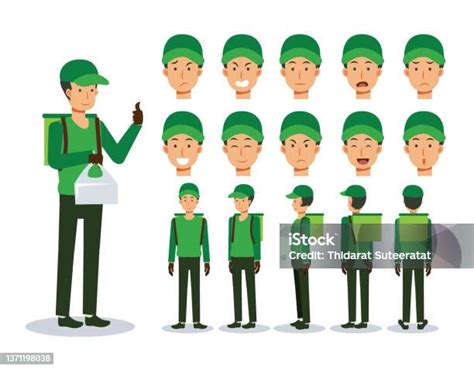 전면 측면 백 뷰 애니메이션 문자 다양한 전망 만화 스타일 플랫 벡터 일러스트와 음식 배달 서비스 맨 플랫 벡터 캐릭터 제작