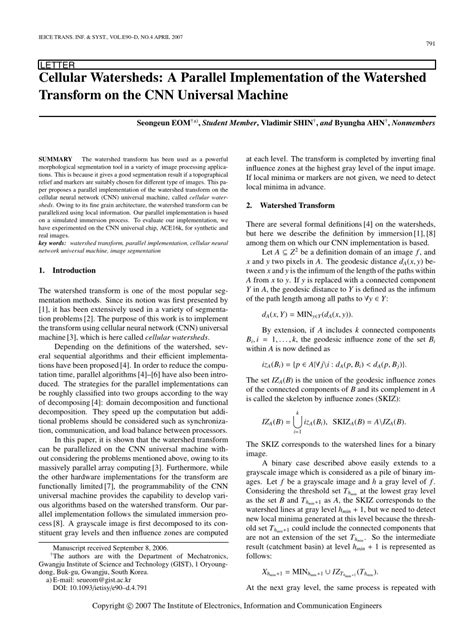 Pdf Cellular Watersheds A Parallel Implementation Of The Watershed
