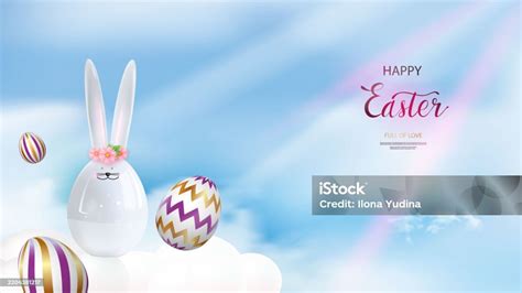 도자기 토끼 꽃 패턴으로 장식 된 황금 달걀과 함께 부활절 포스터 하늘 배경에 부활절 인사와 선물 부활절 프로모션 및 쇼핑 템플릿 3차원 형태에 대한 스톡 벡터 아트 및