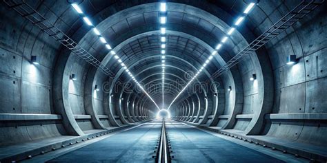 A Droneseye View Futuristic Industrial Tunnel Illuminated By Sparkling White Led Lights A
