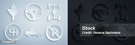 자동차 섀시 자동차 기어 시프터 주차 또는 정지 금지 스티어링 휠 및 깔때기 필터 및 모터 오일 드롭 아이콘을 설정합니다 벡터