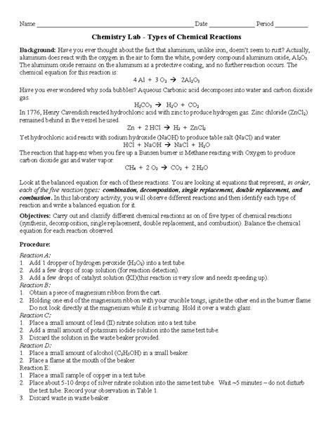 Chemical Reactions Lab Types 2018 Chemistry Lab Help For Reactions Name Studocu