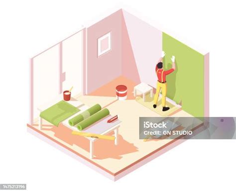 인테리어 작업 서비스의 벽지 작업자 노란색 빨간색 유니폼 접착 벽지 녹색 방 안의 전문 수리공 집 실내 품질 작업 혁신 프로세스 아이소메트릭 벡터 그림 등측투영법에 대한